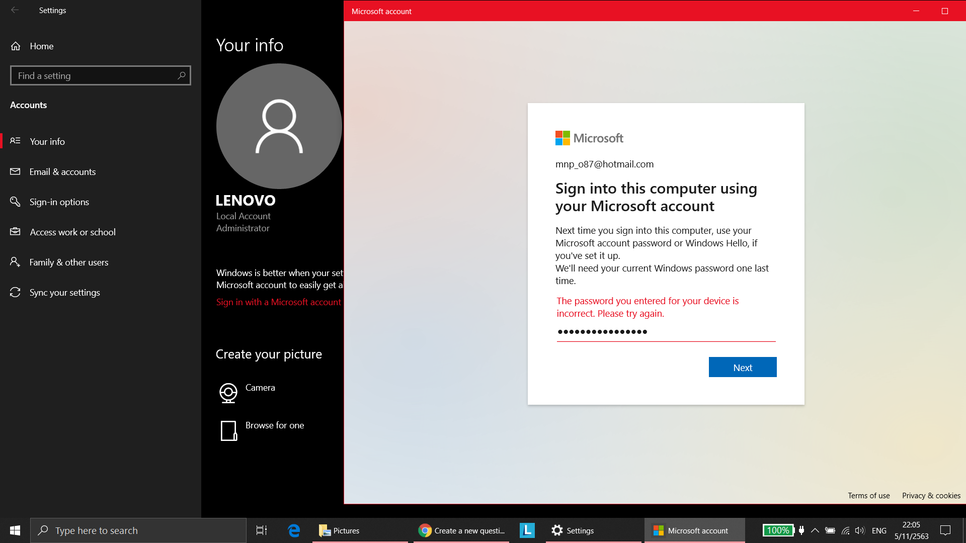 I can't sign in a Microsoft account on Windows 10 - Microsoft Q&A