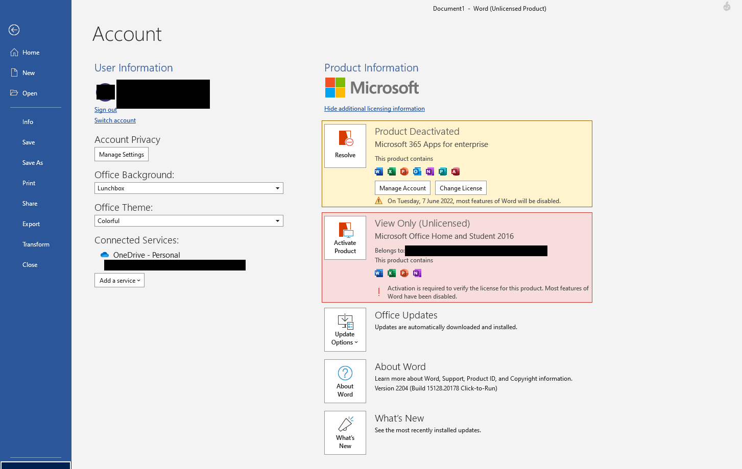 Unlicensed product for Office 2016 Home after update. Correct account ...