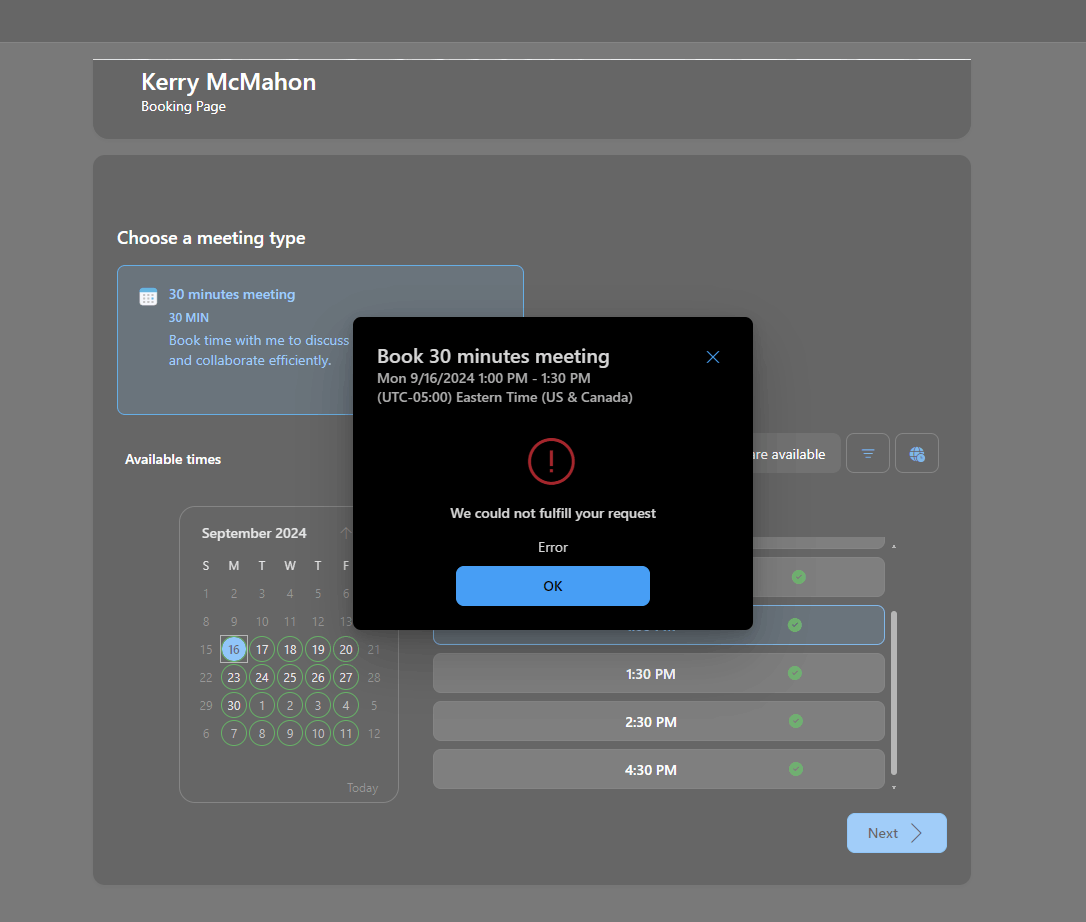 Microsoft Booking Issue - Error: We could not fulfill your request ...