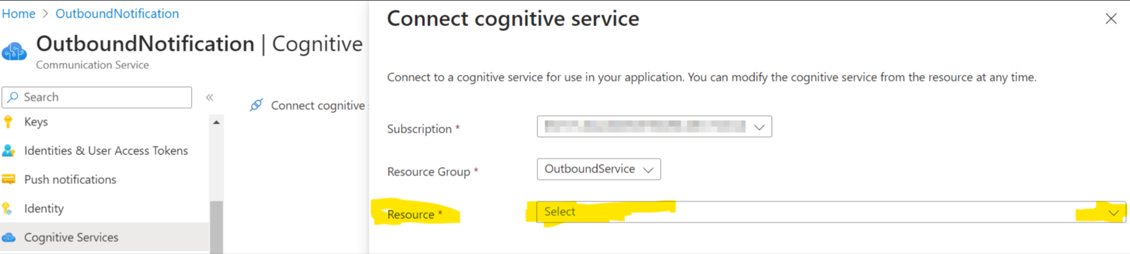 Not able to connect azure cognitive services with communication service ...