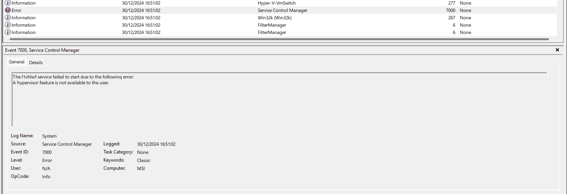 The l1vhlwf service failed to start due to the following error: A ...