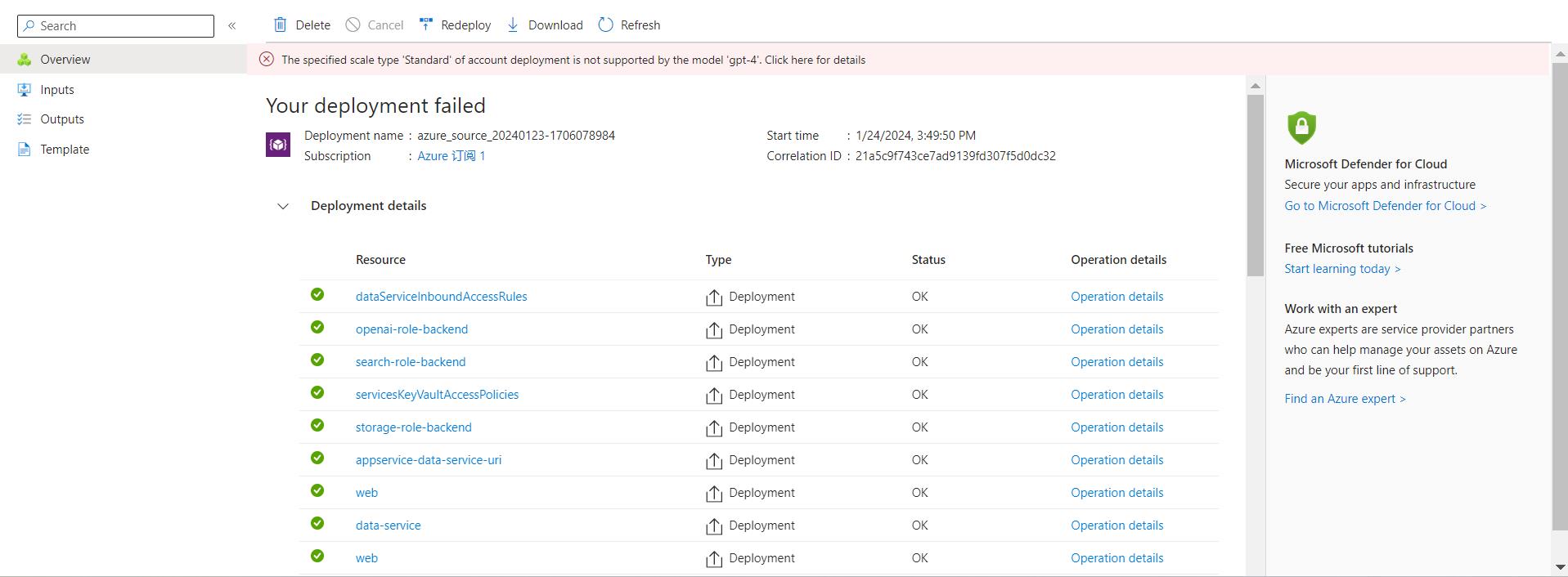 The specified scale type 'Standard' of account deployment is not supported by the model 'gpt-4 ...