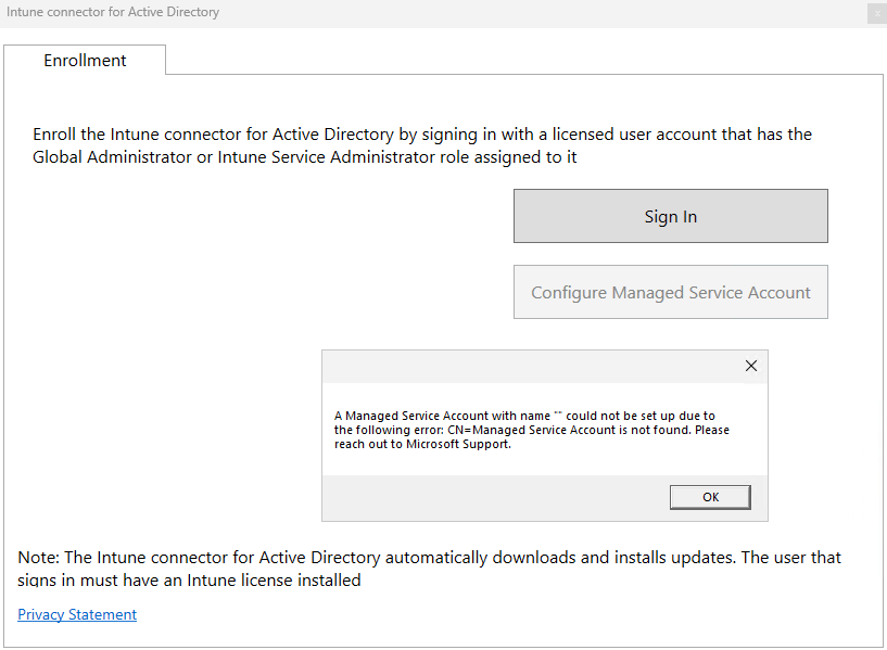 Trying to install the Intune Connector and getting error at ...