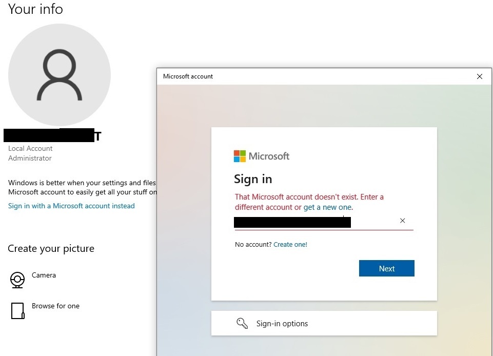 Windows 10 giving error message Microsoft Account doesn't exist ...