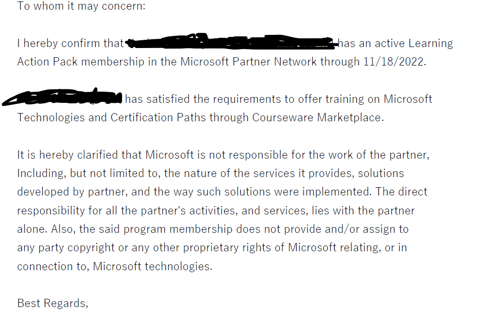 Can we get an active Learning Action Pack membership letter - Microsoft Q&A
