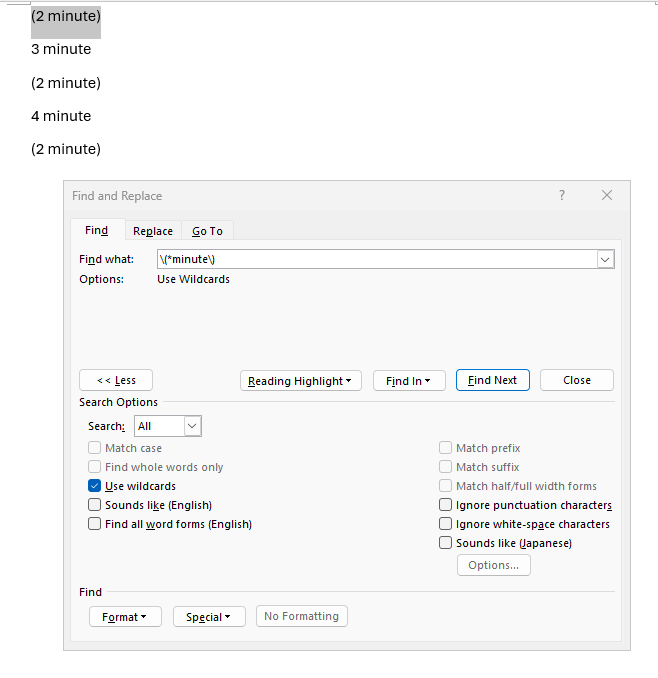 How to select all parentheses containing "minute" at once? - Microsoft Q&A