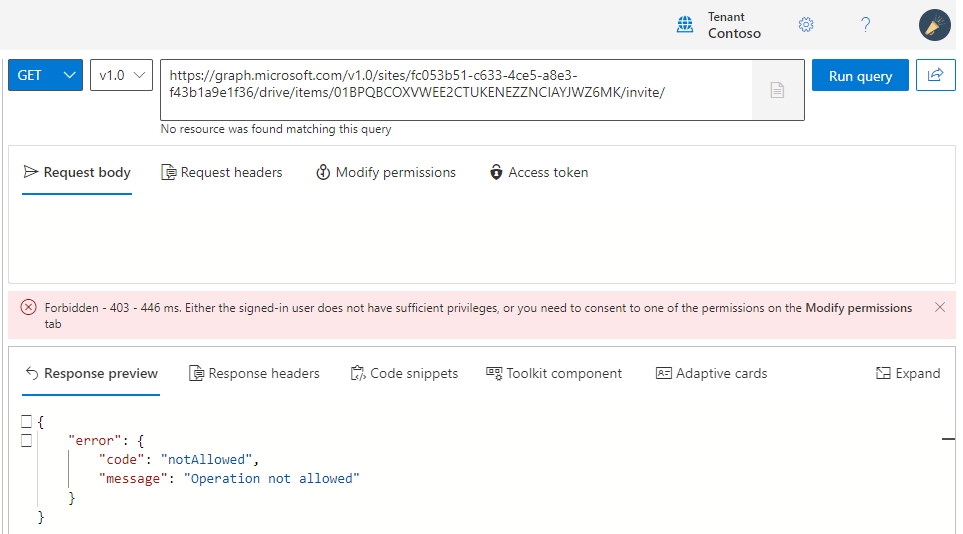 /invite endpoint "notAllowed" but /createLink ok in Sharepoint via Graph API - Microsoft Q&A