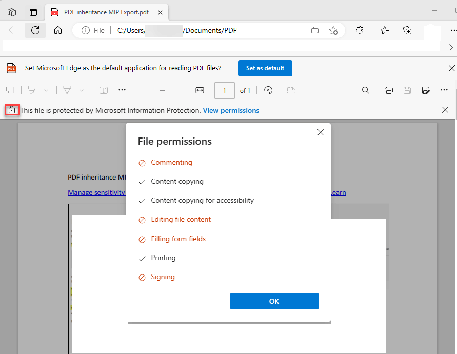Sharepoint Online doesn't show sensitivity labels in the column "sensitivity" in PDFs, however ...