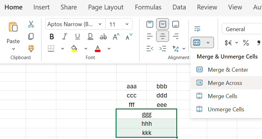 Excel 365 browser. How to align across selection - Microsoft Q&A