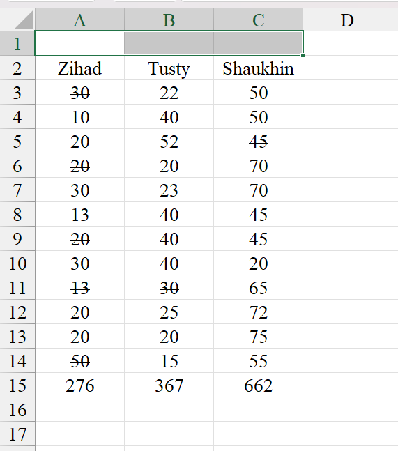 SUM except the strikethrough numbers - Microsoft Q&A