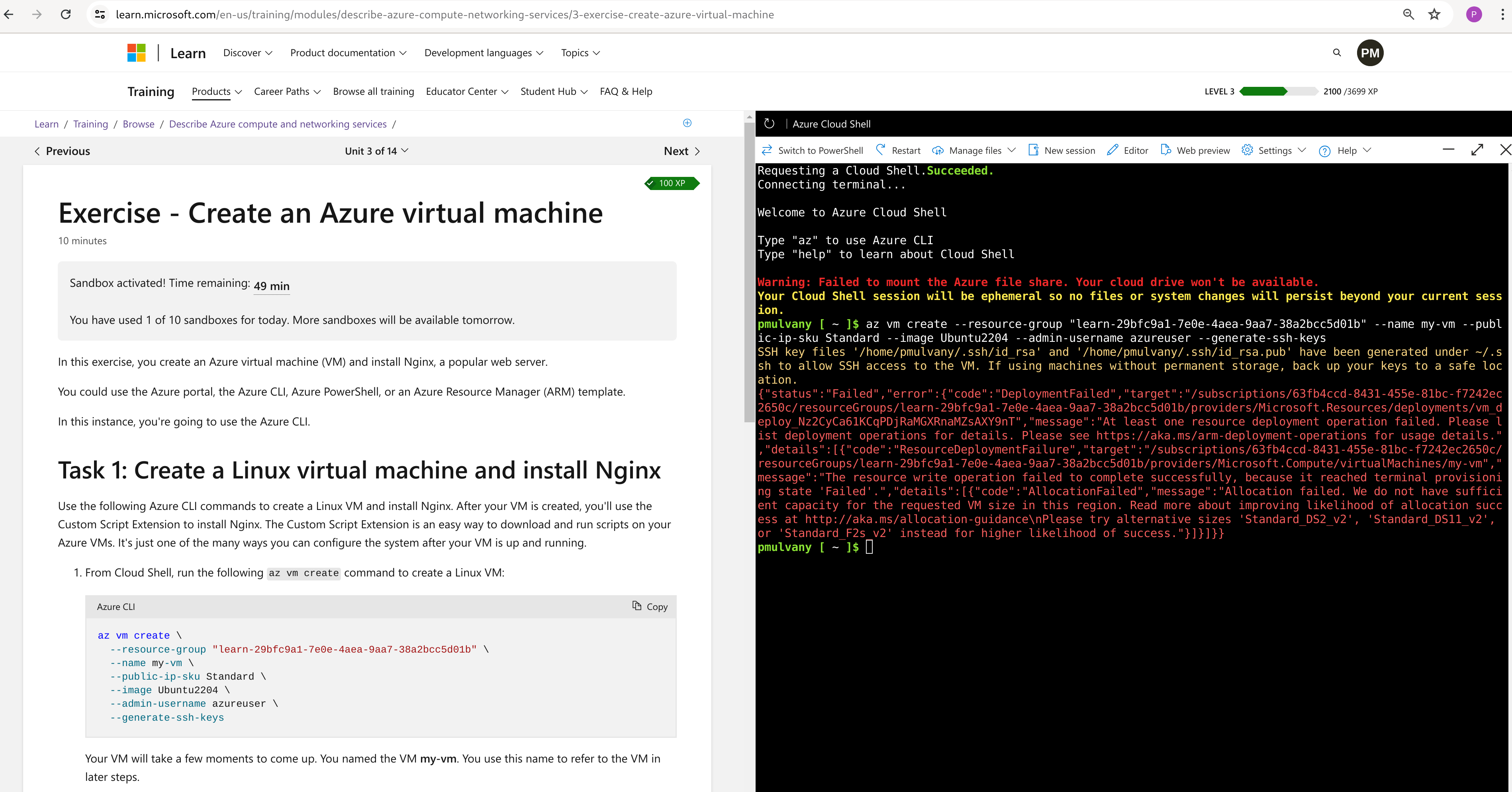 Training Sandbox returns strange error when trying to create an Azure virtual machine from ...