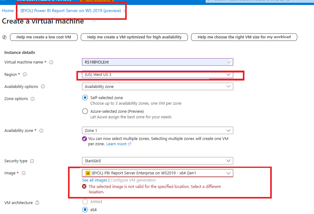preview image cannot create the VM due to error " The selected image is not valid for the ...