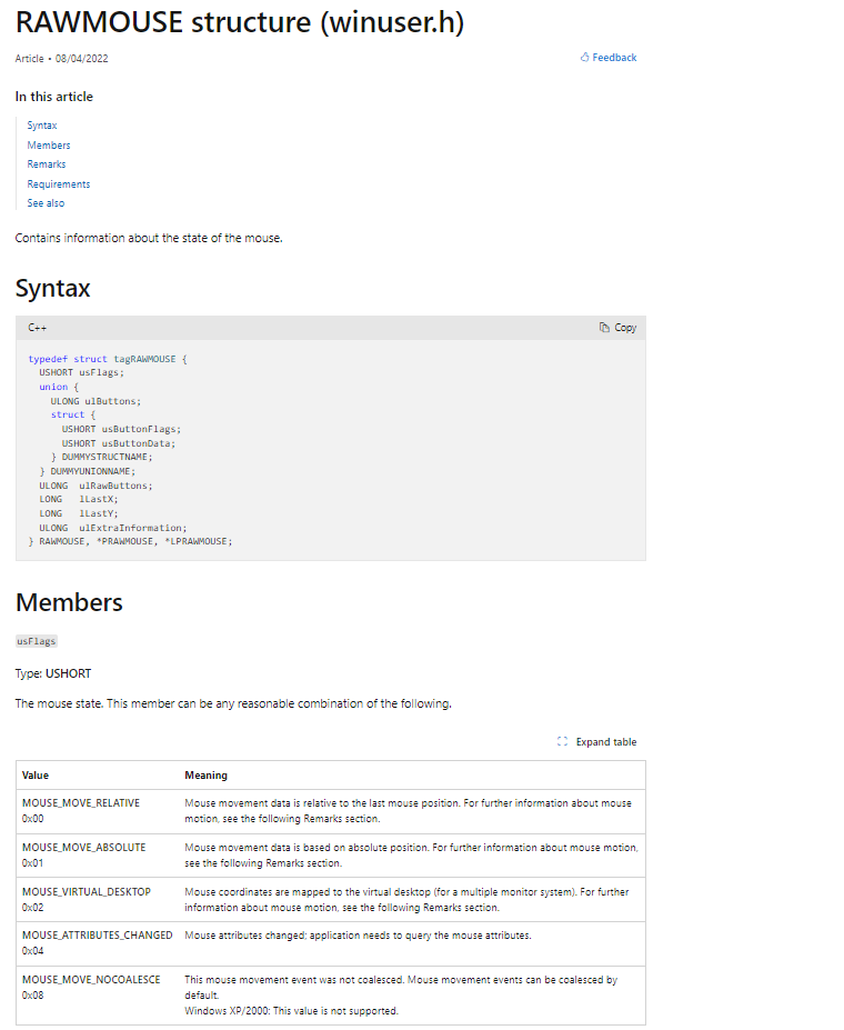 What criteria does Windows use to set the usFlags in the RAWMOUSE message after parsing the HID ...