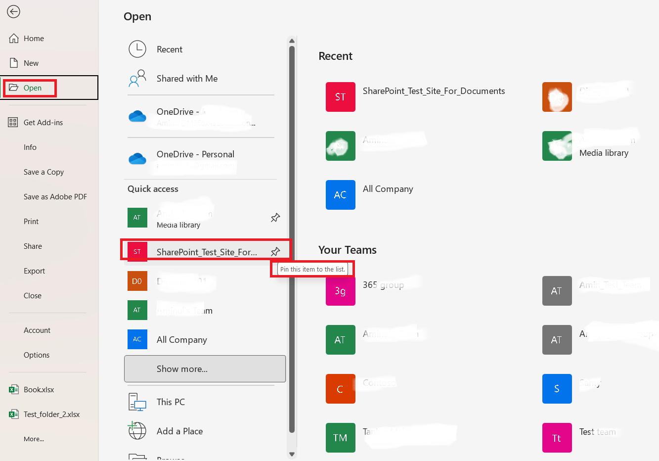 How do I add or remove Teams folders from the Excel "Quick Access" list when I click file/open ...