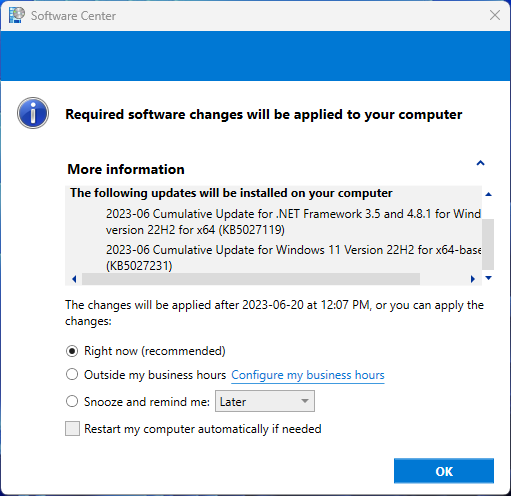 Configure software center to update now and reboot - Microsoft Q&A