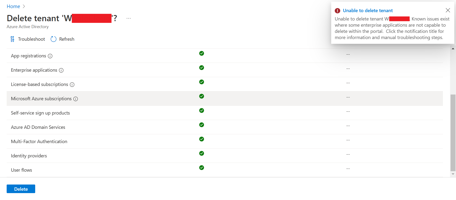 How to delete an Azure Tenant with all status checks complete ...