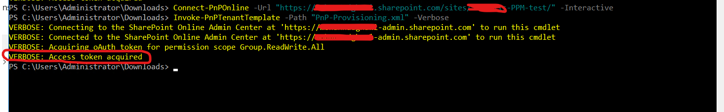 Invoke-PnPTenantTemplate is not performing any action.. "Access token acquired" - Microsoft Q&A