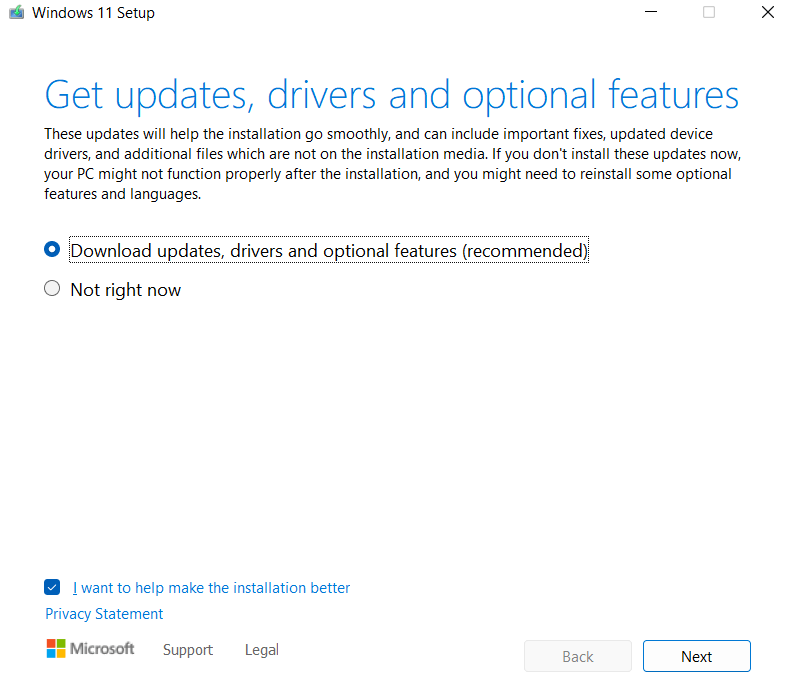 In-place upgrade in Windows 11 - Tick Download updates, drivers and ...