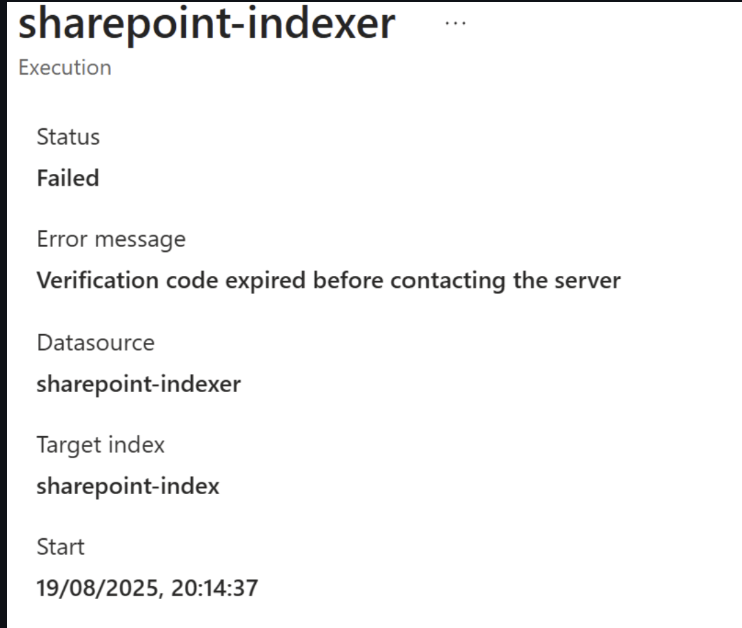 Azure AI Search Indexer scheduled execution throws error "Verification code expired before ...