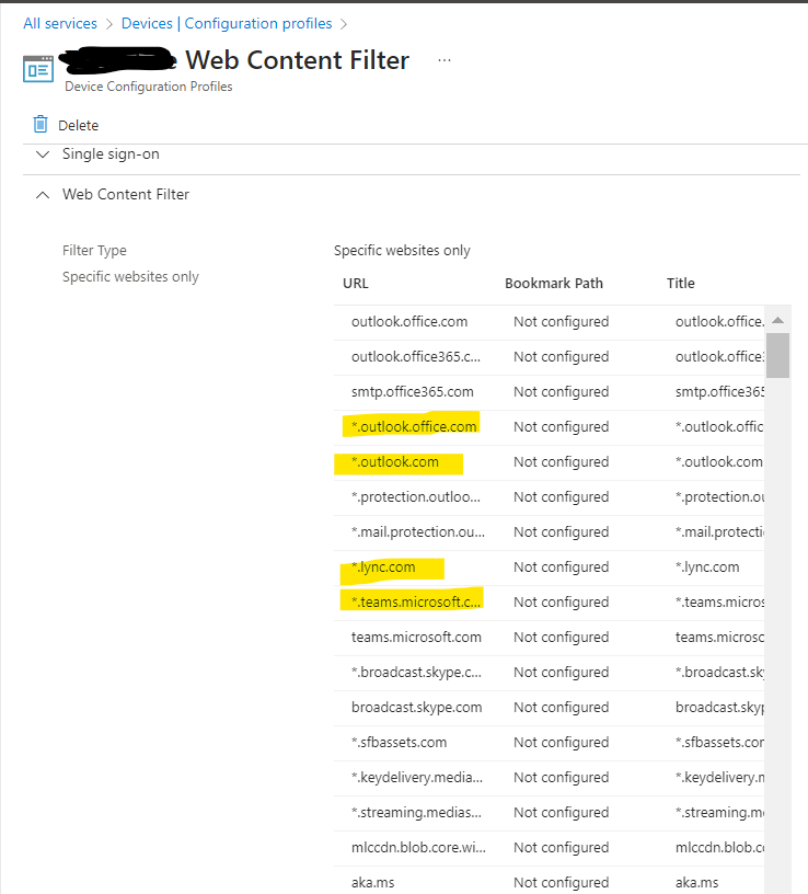 Is Wildcard Character Is Supported Or Work In Web Content Filter Url In Intune Configuration