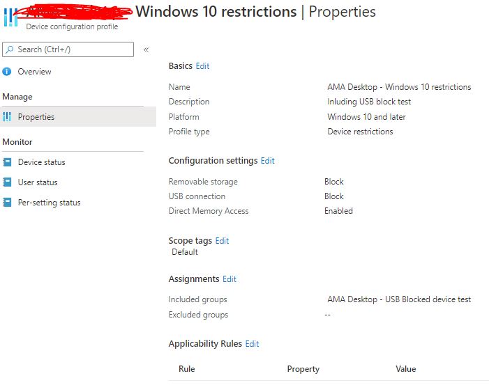Intune device configuration (Windows 10 + after) restriction deployment status is "Not ...