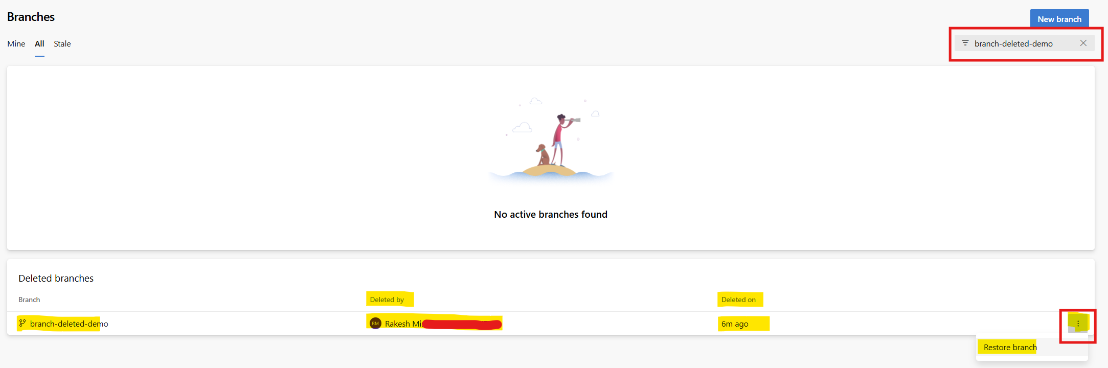 restore all files from deleted branch and how do we know who deleted it ...