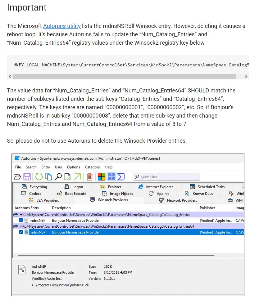 Autoruns winsock bug - Microsoft Q&A