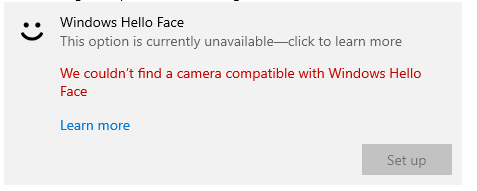 couldn't set up windows hello face in windows 10 - Microsoft Q&A
