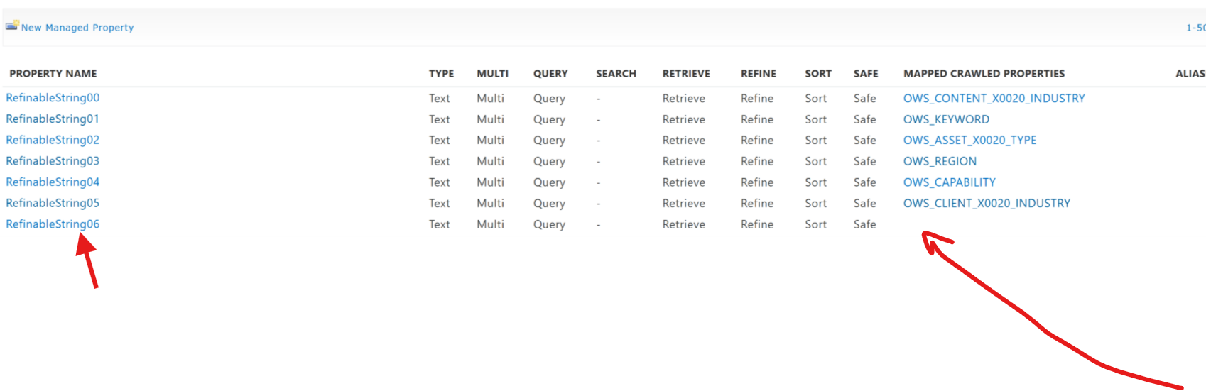 RefinableStrings managed properties are assigned to crawl properties ...