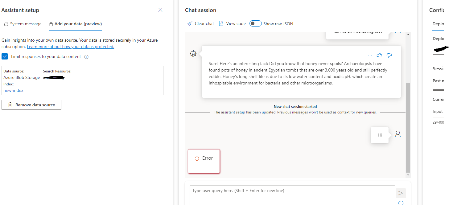 Unable to chat in the playground after importing custom data in Azure Open AI Studio - Microsoft Q&A