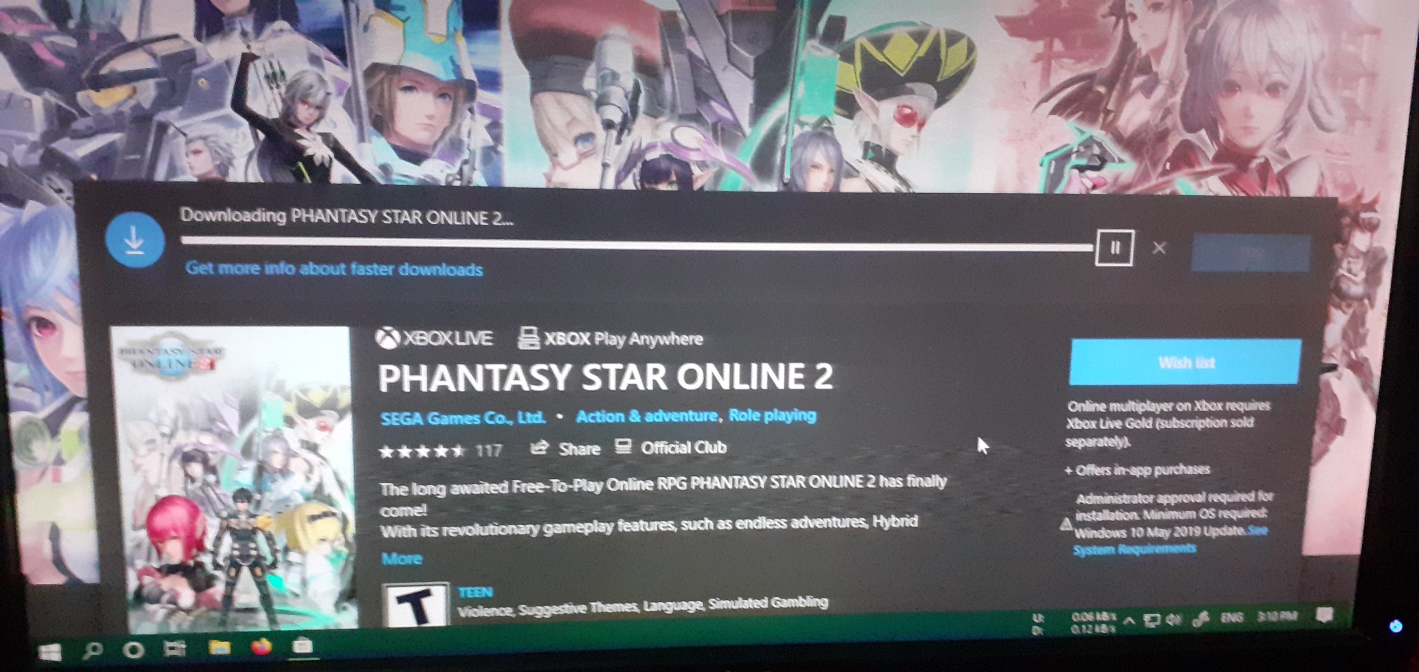 Microsoft Store, stuck on "Downloading Phantasy Star Online 2 ...