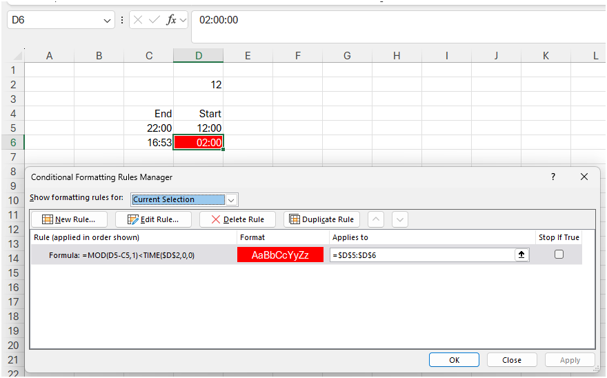 A formula to check whether "Start time" column is after "+12 hour ...