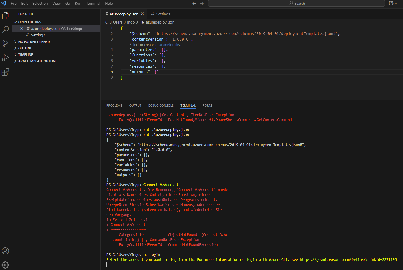 Not able to complete the ARM template deployment Visual studio code - Microsoft Q&A