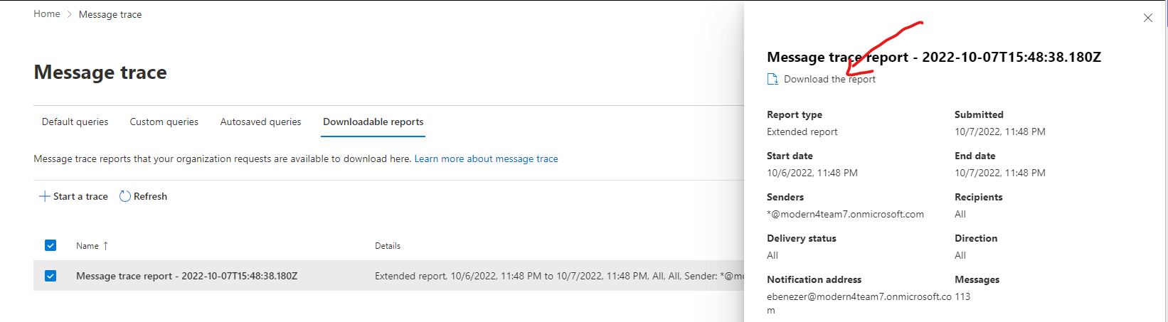 Message Trace has no link to download the downloadable reports ...