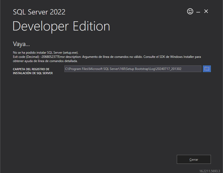 Error instalación SQL Server 2022 -2068052377 - Microsoft Q&A