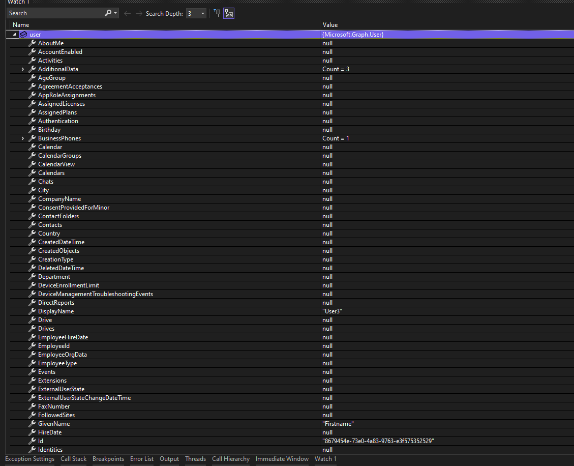 Cant able to get all properties of user by using Graph API in C# ... Cant able to get all properties of user by using Graph API in C# ...