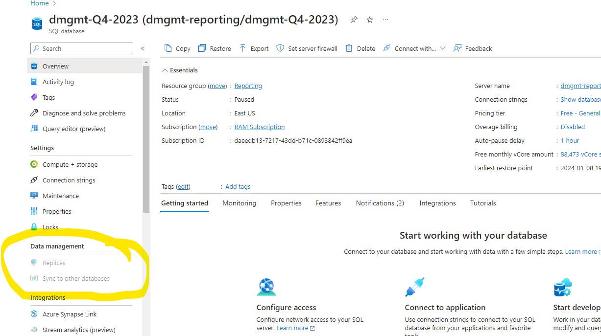 Azure Sql Db Sync With Other Databases Is Greyed Out Microsoft Qanda