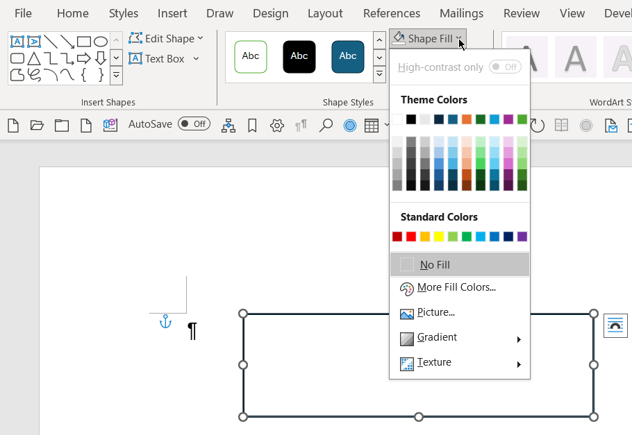 SHAPE FILL Paint Bucket missing in Word. Tried Customize Ribbon and ...