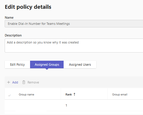 Teams: Custom Audio Conference Policy not propagating when assigned to ...