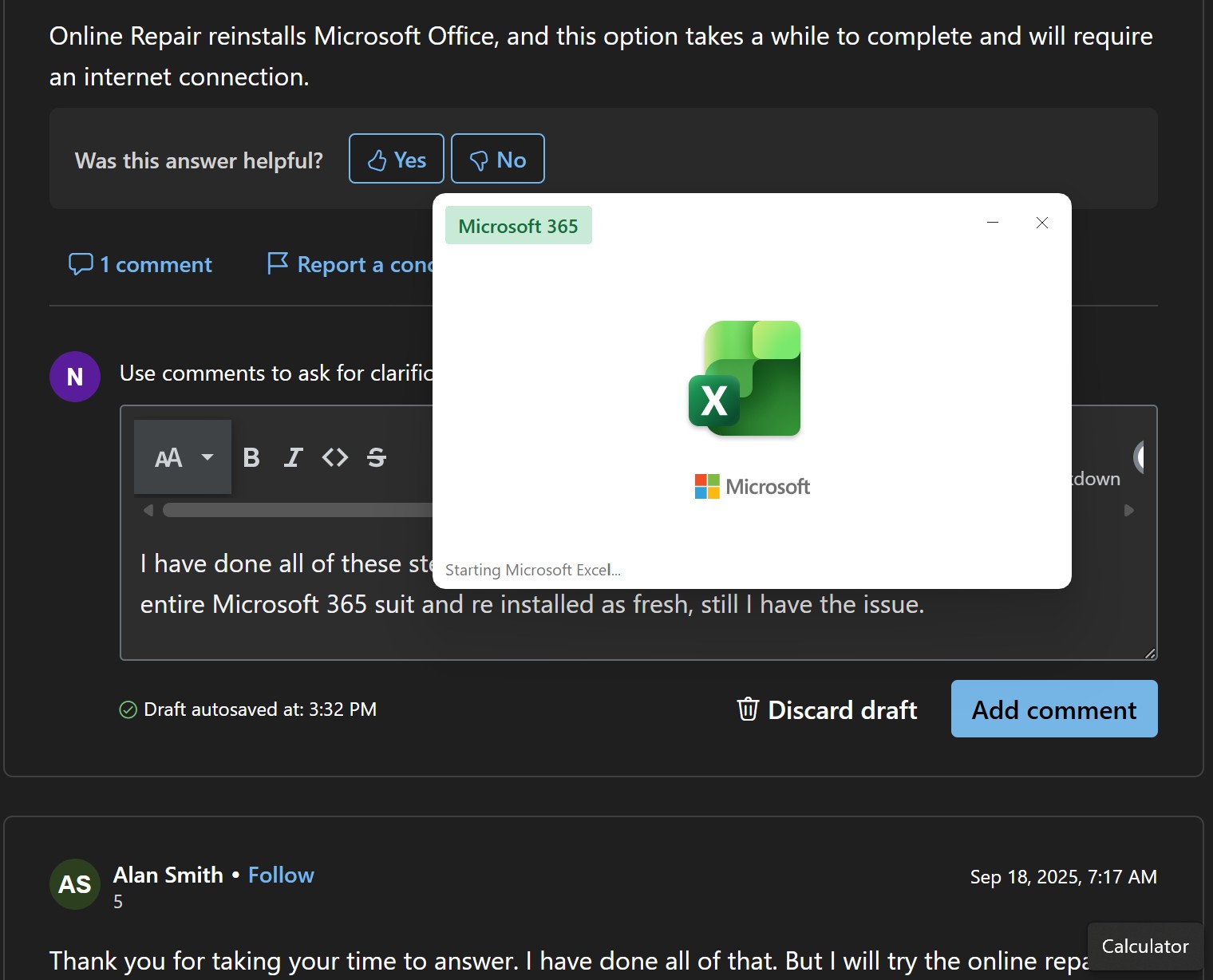 Excel will not start. It starts to start and the startup screen just ...