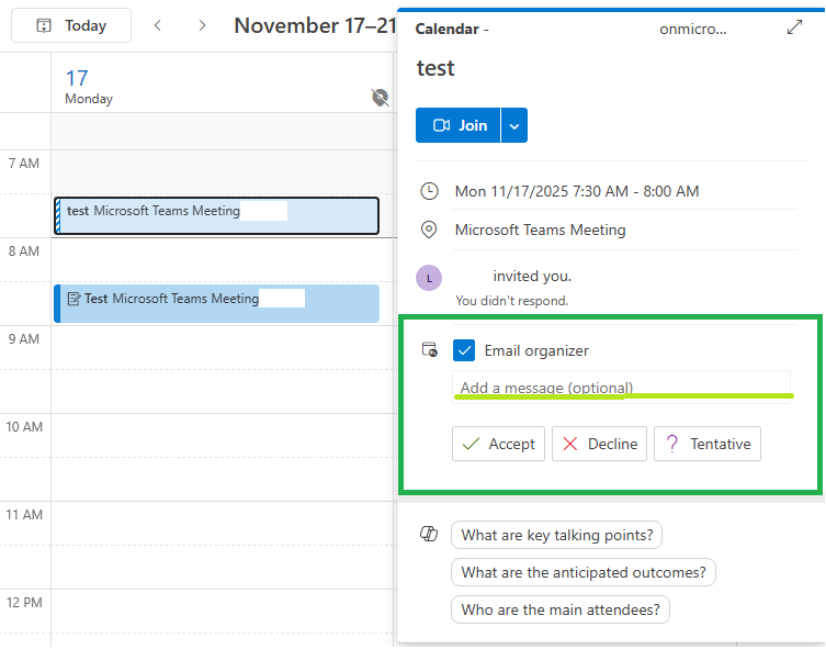 RSVP comment section in Outlook - Microsoft Q&A