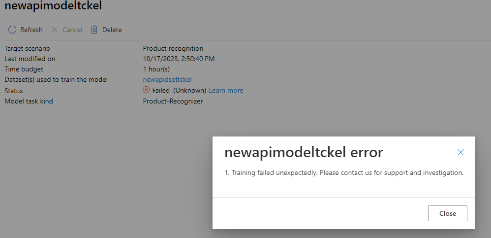 Training fails - custom product recognition - Microsoft Q&A