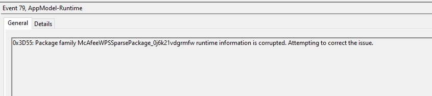 Event ID: 0x3D55 - McAfee WPSS Sparse Package/ AppModel Runtime - Microsoft Q&A