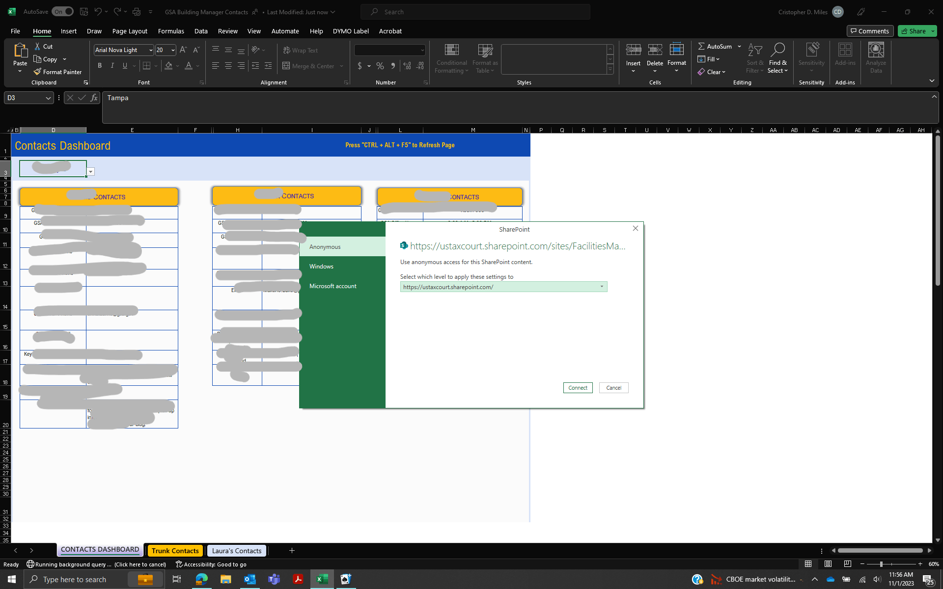 Error in Excel 365 - Credentials are required to connect to the SharePoint source. You will need ...