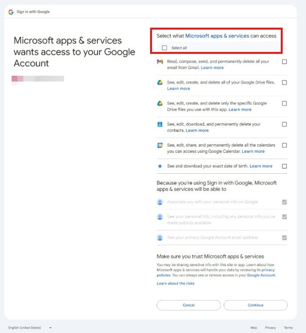 When accessing the New Outlook, a page "Sign in with Google" appears and asked me to choose ...