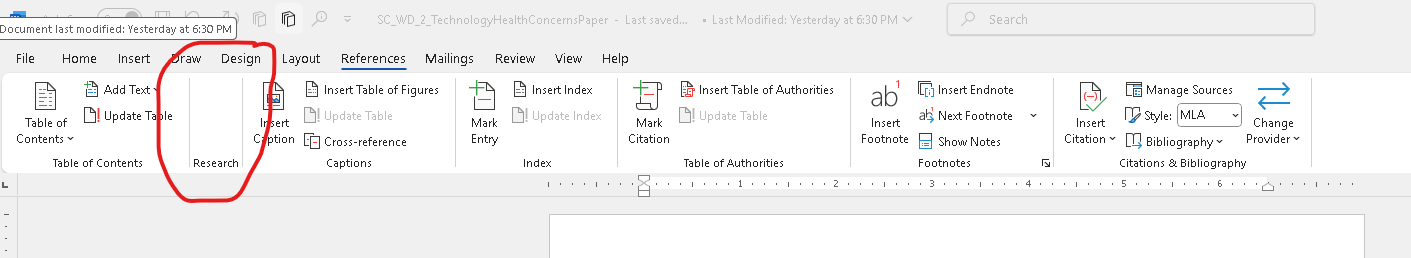 The Search button (References tab | Research group) is not showing up ...