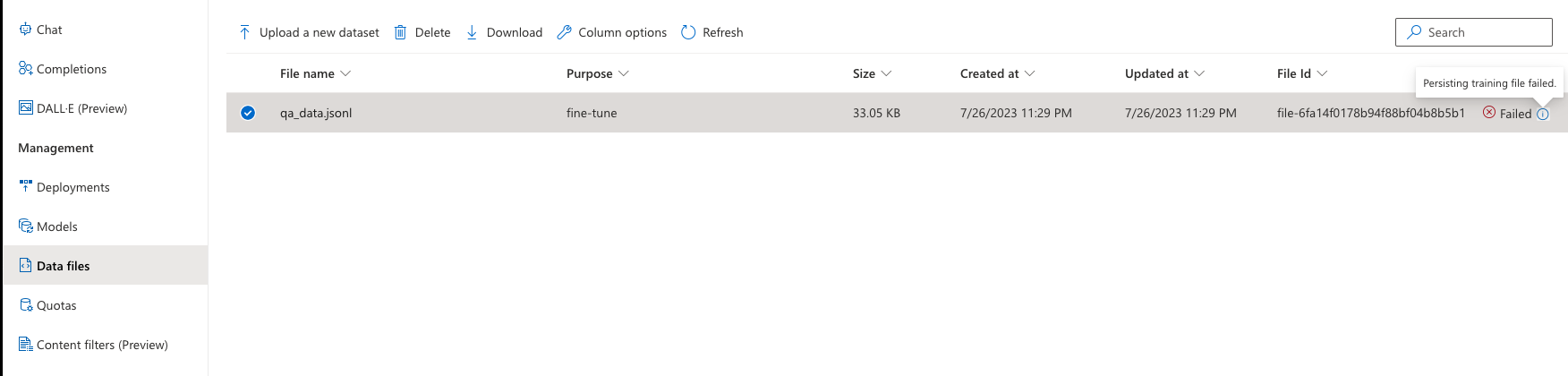 Keep getting the error "The specified file reference must point to a completed file import ...