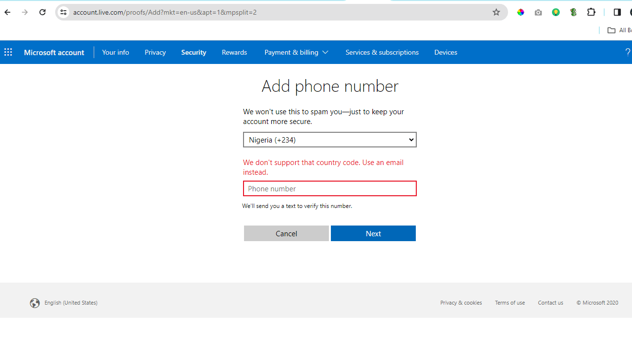 Why does Microsoft not support the Nigerian phone number during phone ...