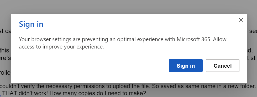 I can't save Word docs on my laptop (Win 11) because "Your browser ...
