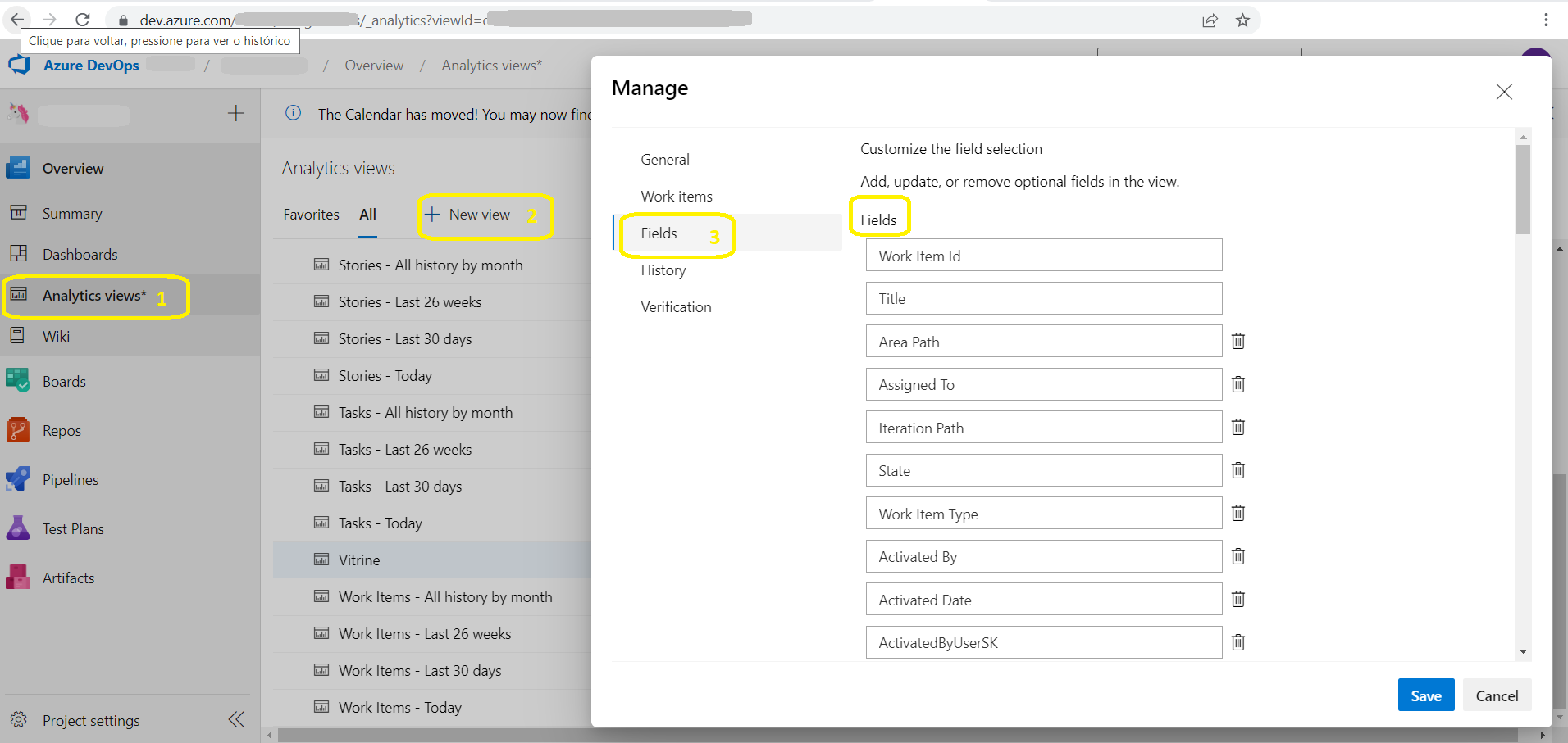 Como selecionar o field "Description" ao criar um Analytics View ...